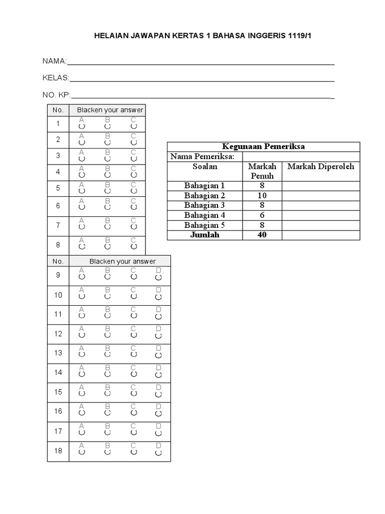 SPM English Paper 1 Answer Sheet 1119/1 | PDF