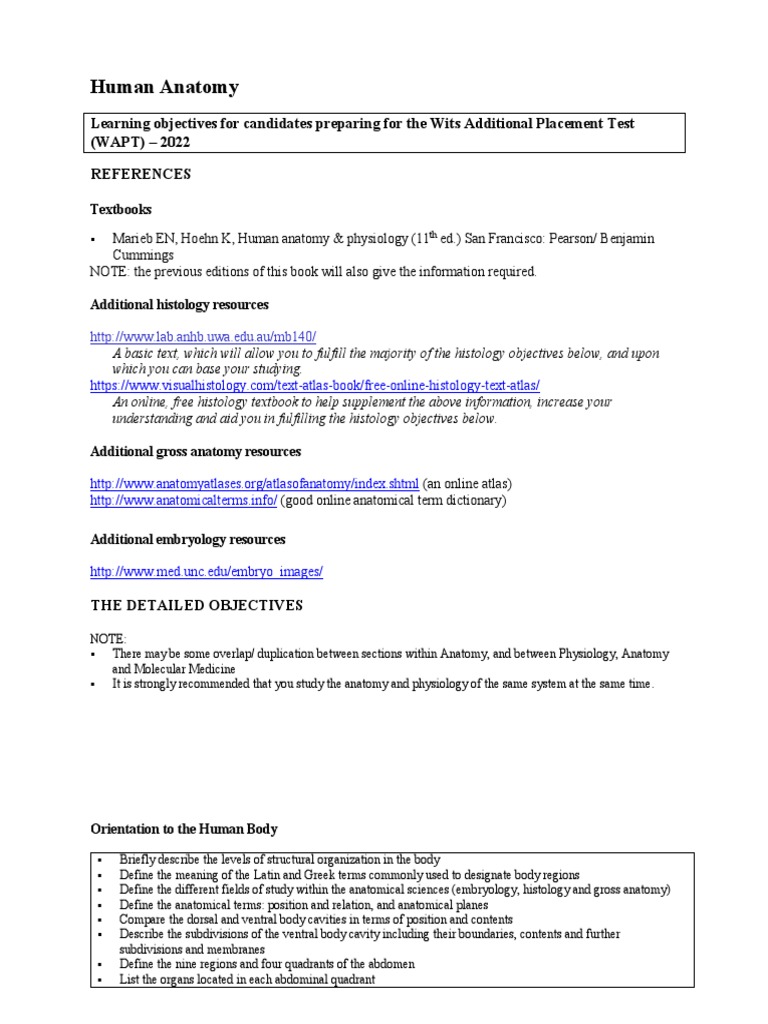 Human Anatomy Objectives WAPT 2022 | PDF | Heart | Artery