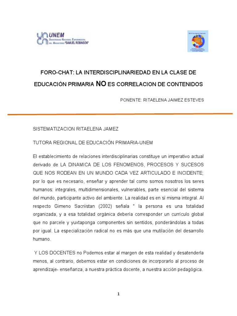 Sistematizacion Del Foro - Chat Enfoque Interdisciplinario en La Clase de Educación Primaria ...