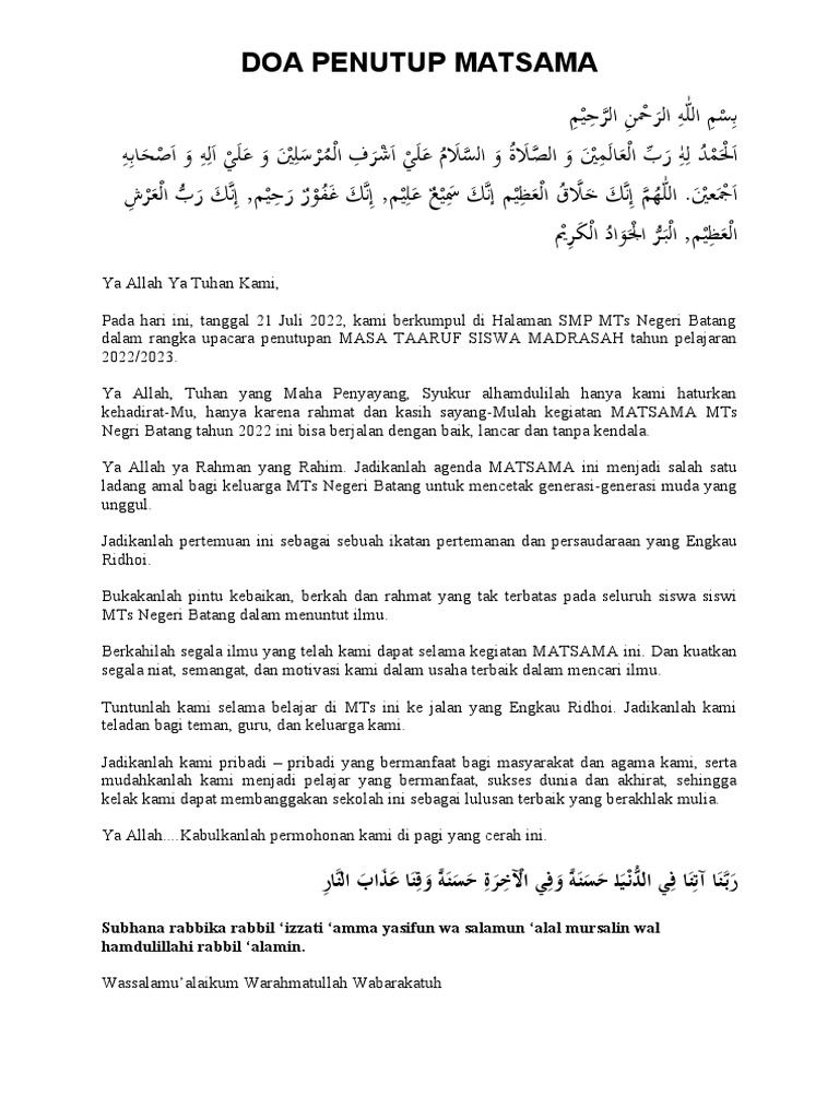 Doa Penutup Acara Matsama 2022 | PDF