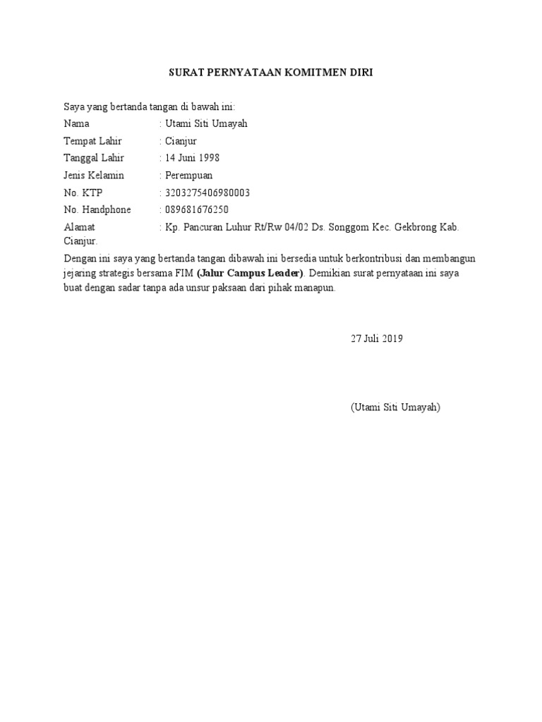 Surat Pernyataan Komitmen Diri 2 | PDF