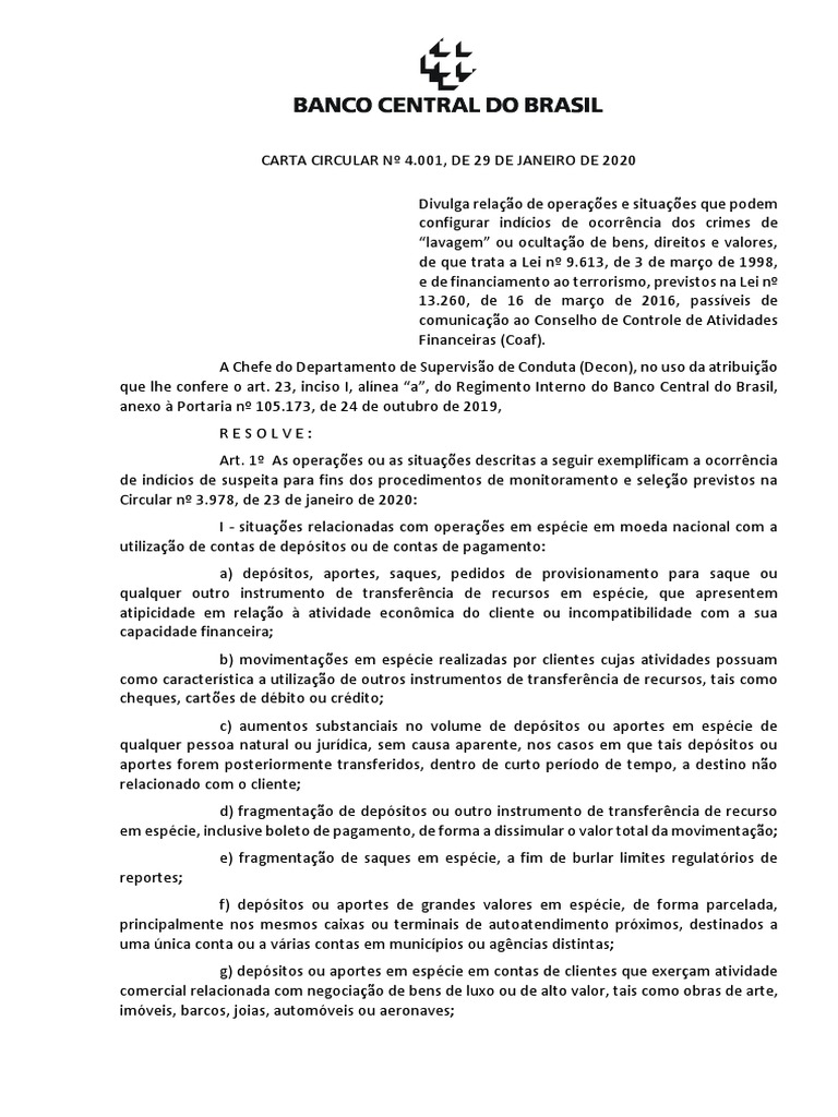 Indícios de Lavagem de Dinheiro - Circular 4001 | PDF | Crédito ...