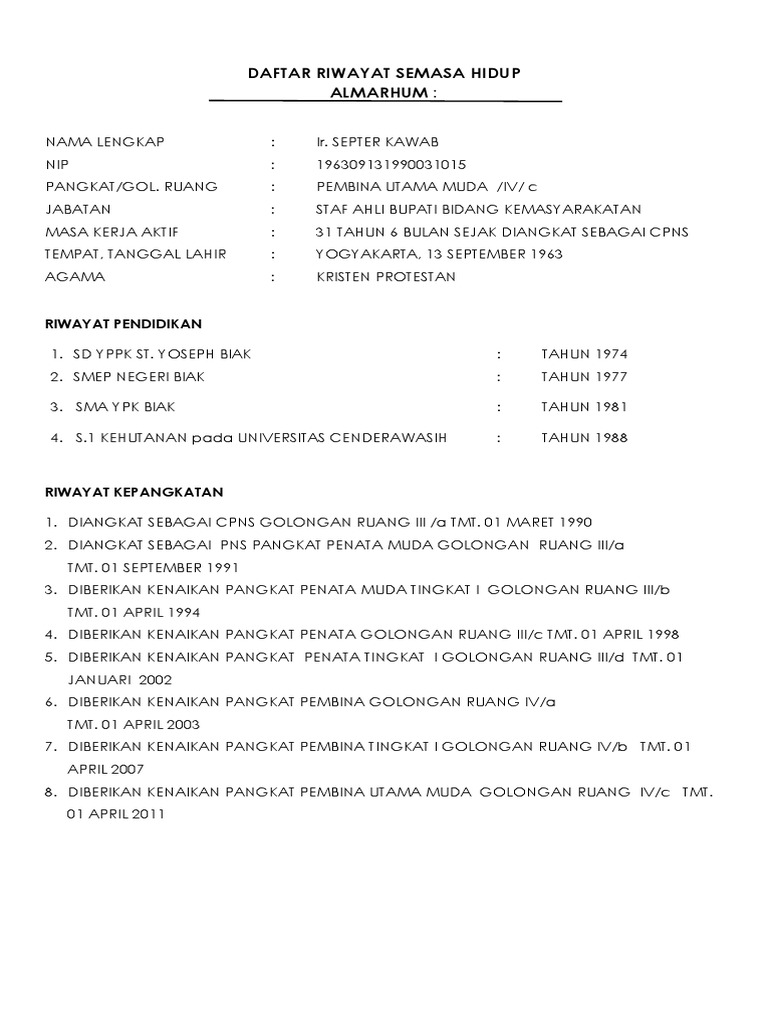 Riwayat Hidup Almarhum Ir. Septer Kawab | PDF