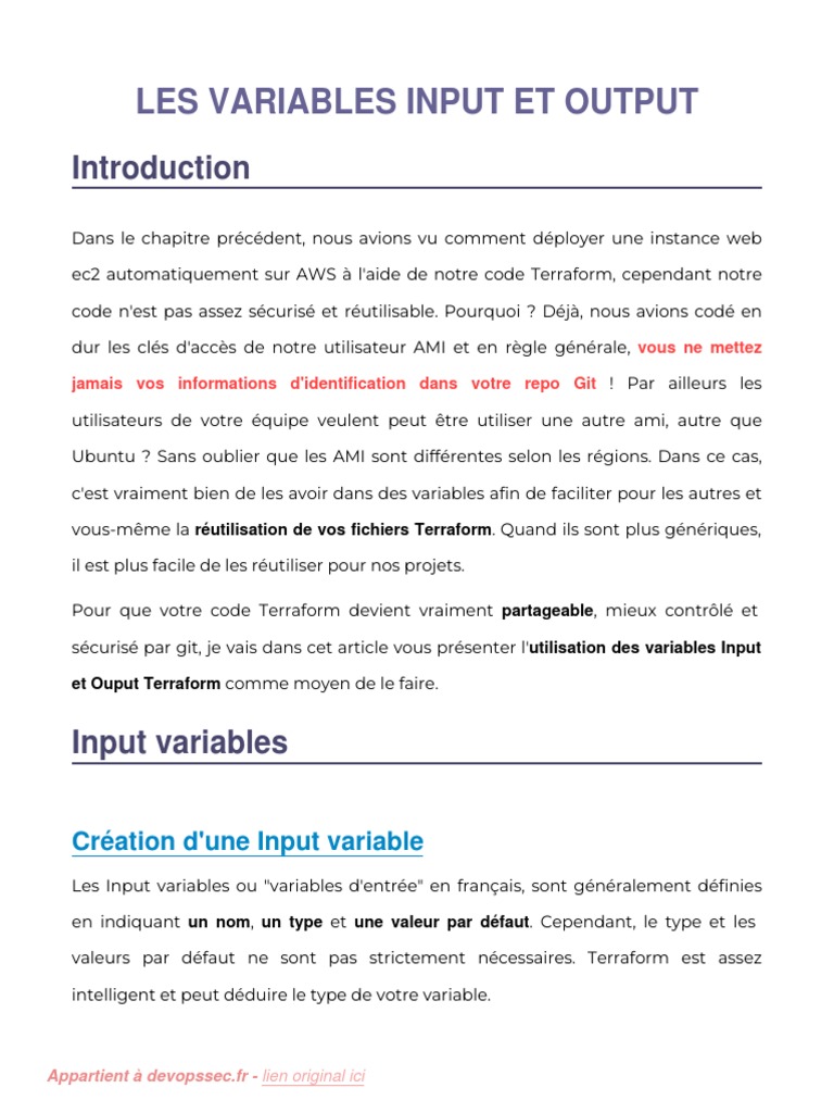 Variables Input Output Terraform | PDF | Booléen | Fichier informatique Variables Input Output Terraform | PDF | Booléen | Fichier informatique