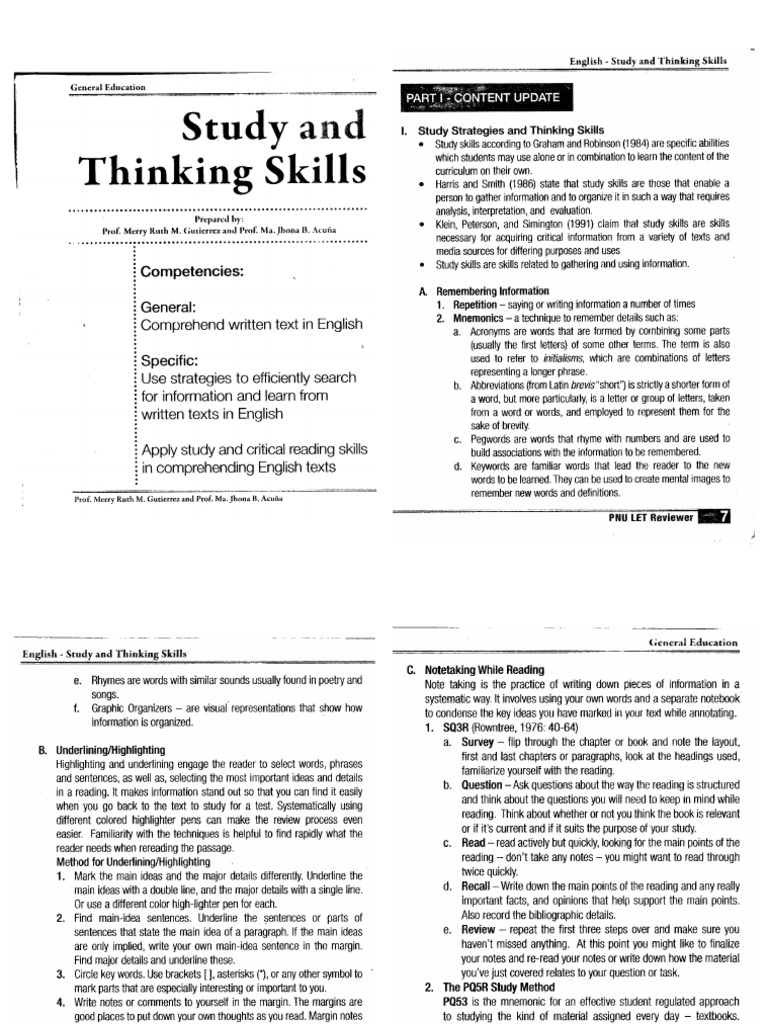 Study and Thinking Skills (Study Strategies and Thinking Skills) | PDF ...