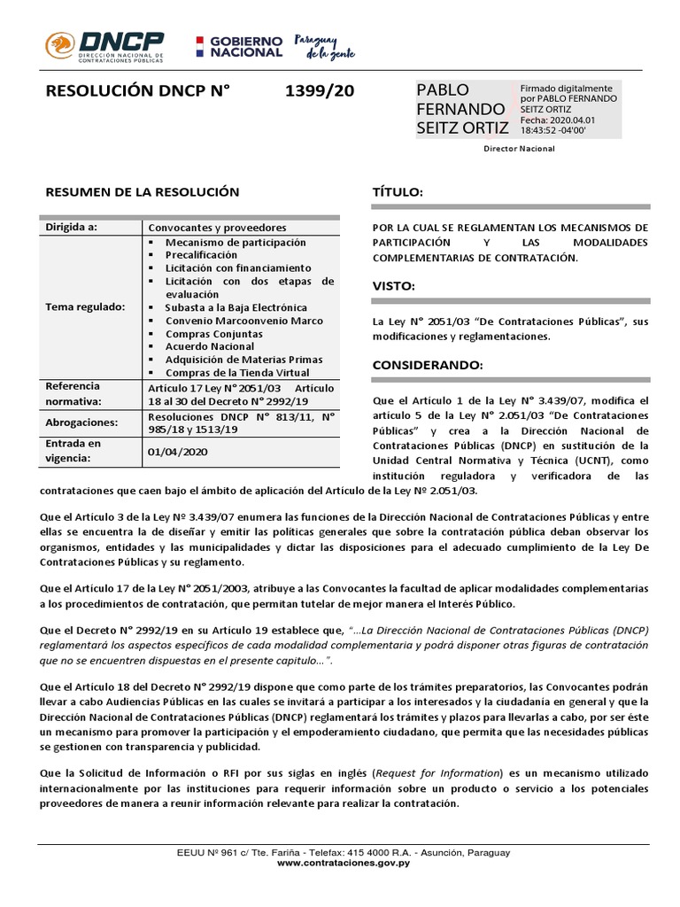 Res DNCP 1399 20 | PDF | Oferta (economía) | Subasta