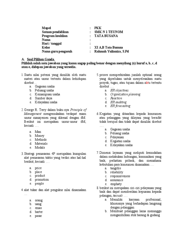 Soal PKK Xii TB Fix | PDF