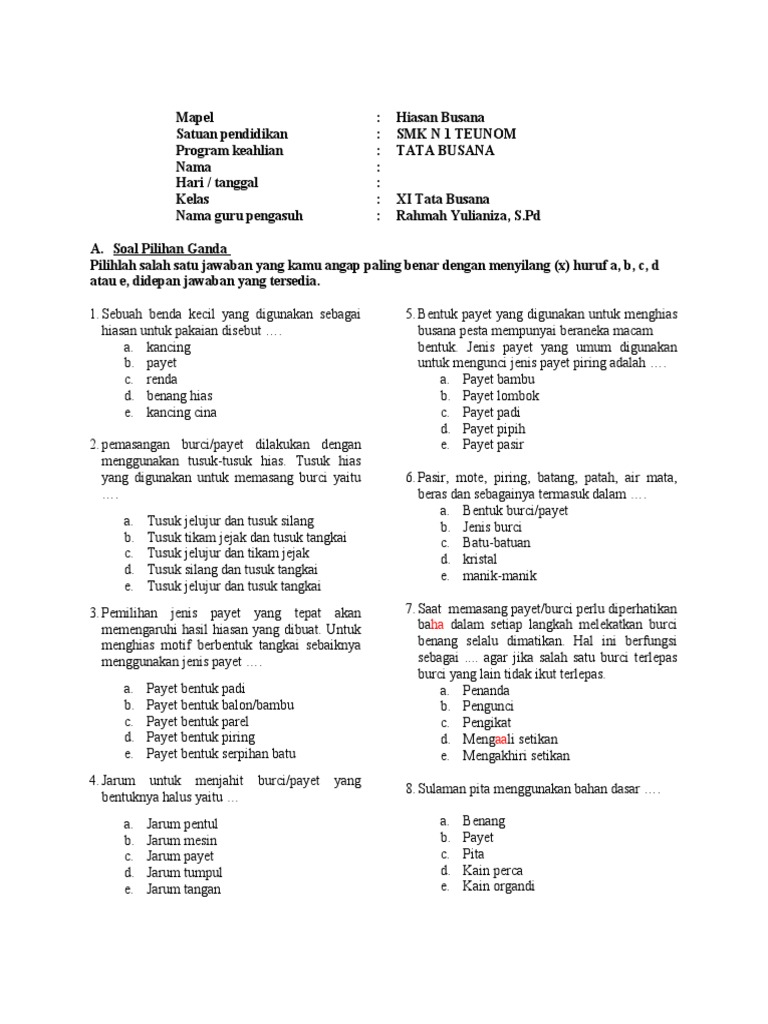 Soal Hiasan Busana Fix Xii Tb Pdf