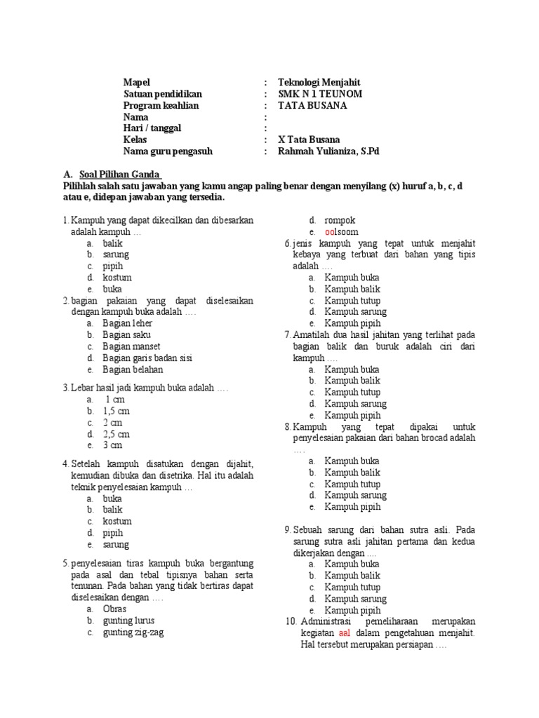 Soal Teknologi Menjahit Fix X TB | PDF