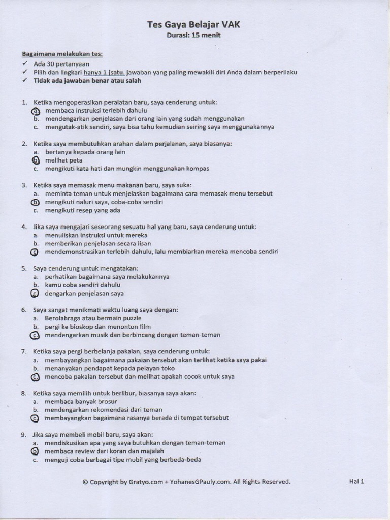 Tes Gaya Belajar (VAK) | PDF