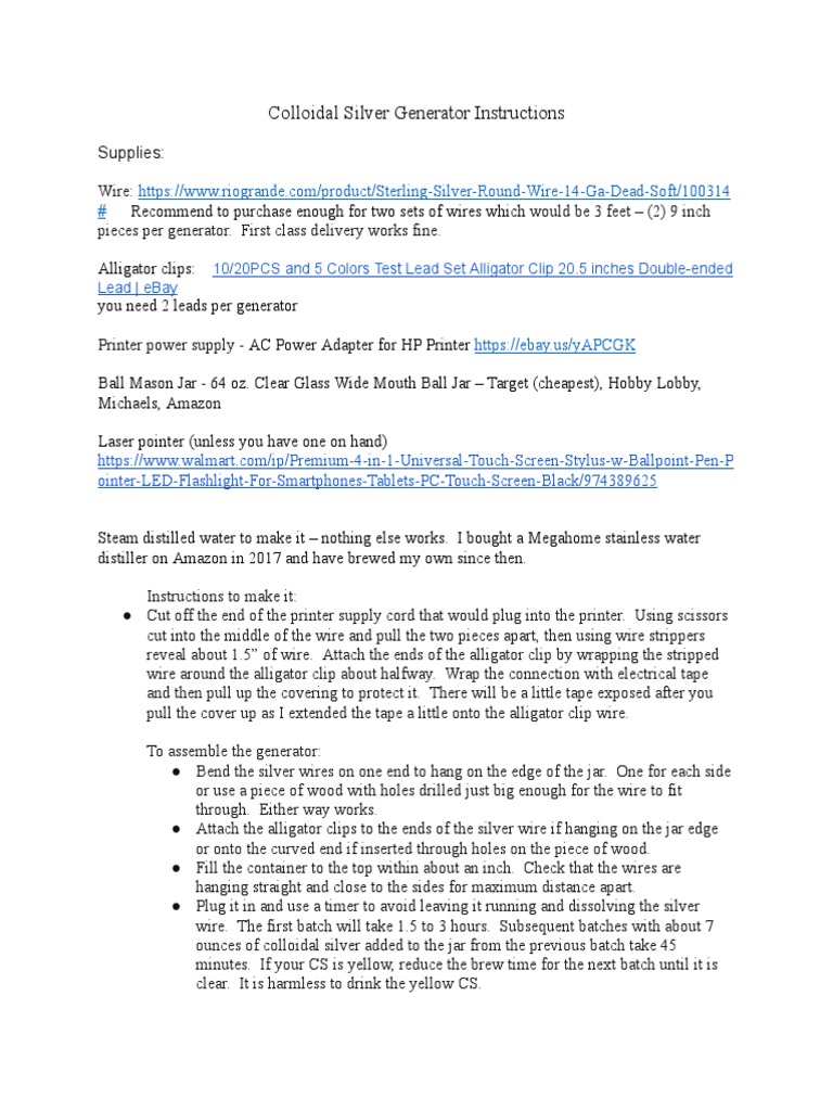 Colloidal Silver Generator Instructions | PDF | Wire | Manufactured Goods