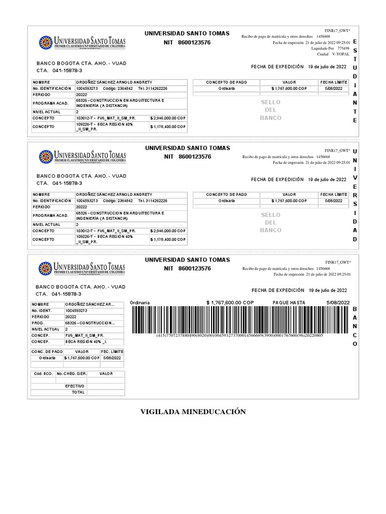 Recibo Mat20222 Beca Ordoñez Sánchez Arnold Andrety | PDF