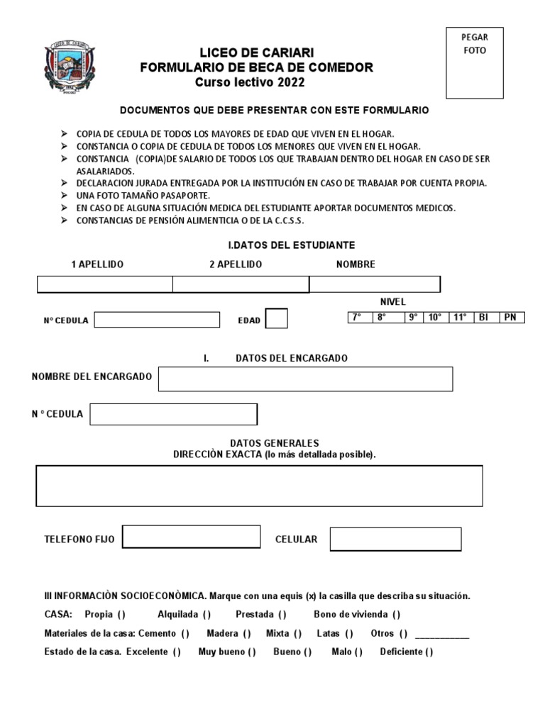Formulario Beca Comedor 2022 Liceo Cariari | PDF