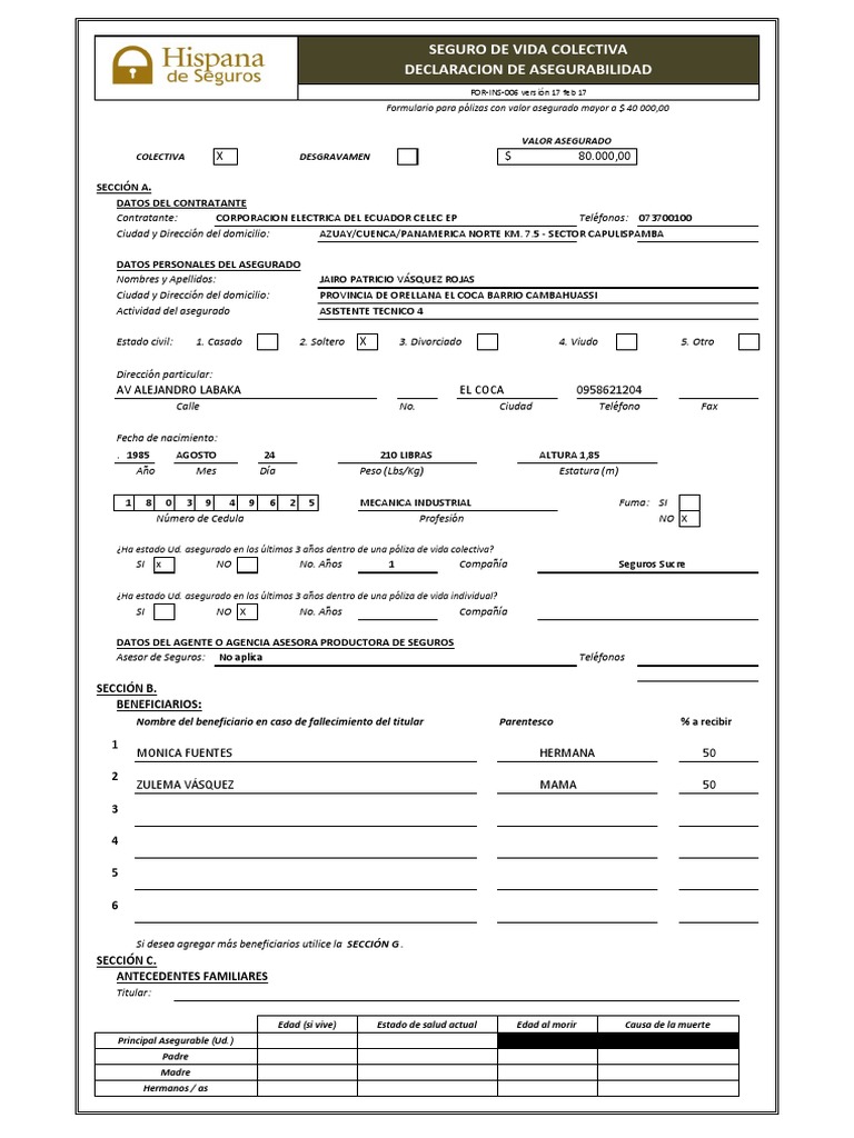 Copia de 1.FOR-INS-006-Formulario Beneficiarios HISPANA | PDF | Seguro ...