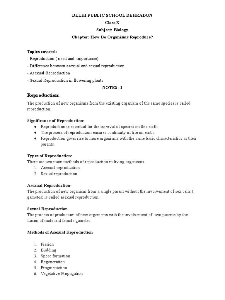 Class X Reproduction Notes 1 | PDF | Flowers | Sexual Reproduction