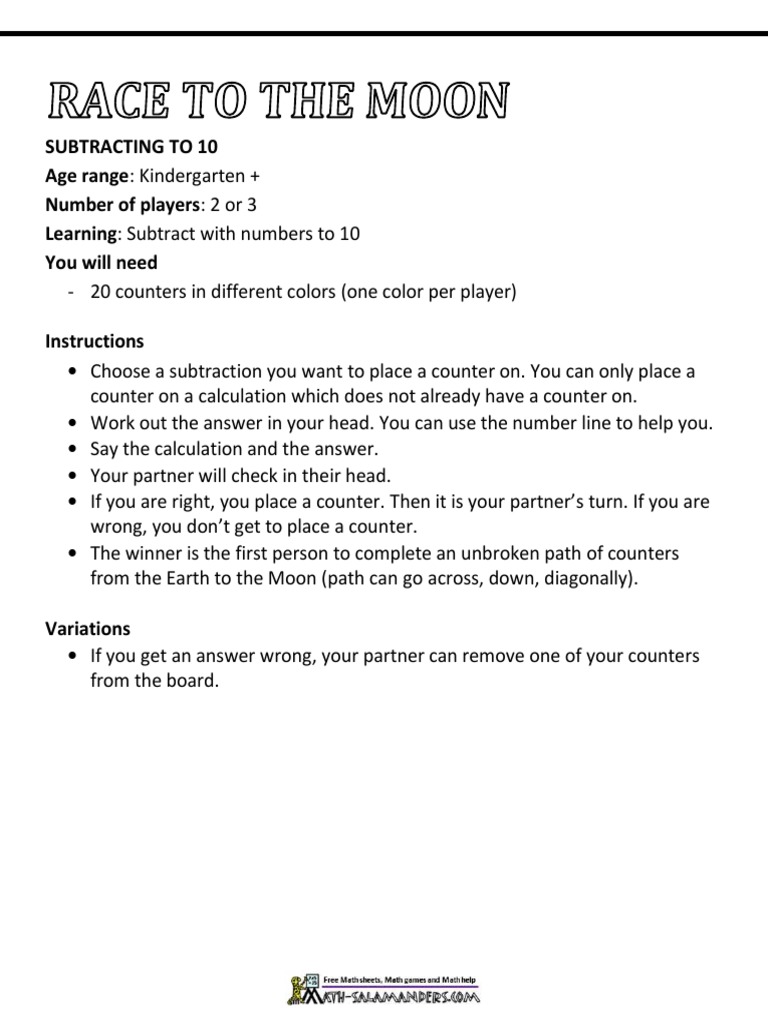 Race to the Moon: A Subtraction Game to 10 | PDF