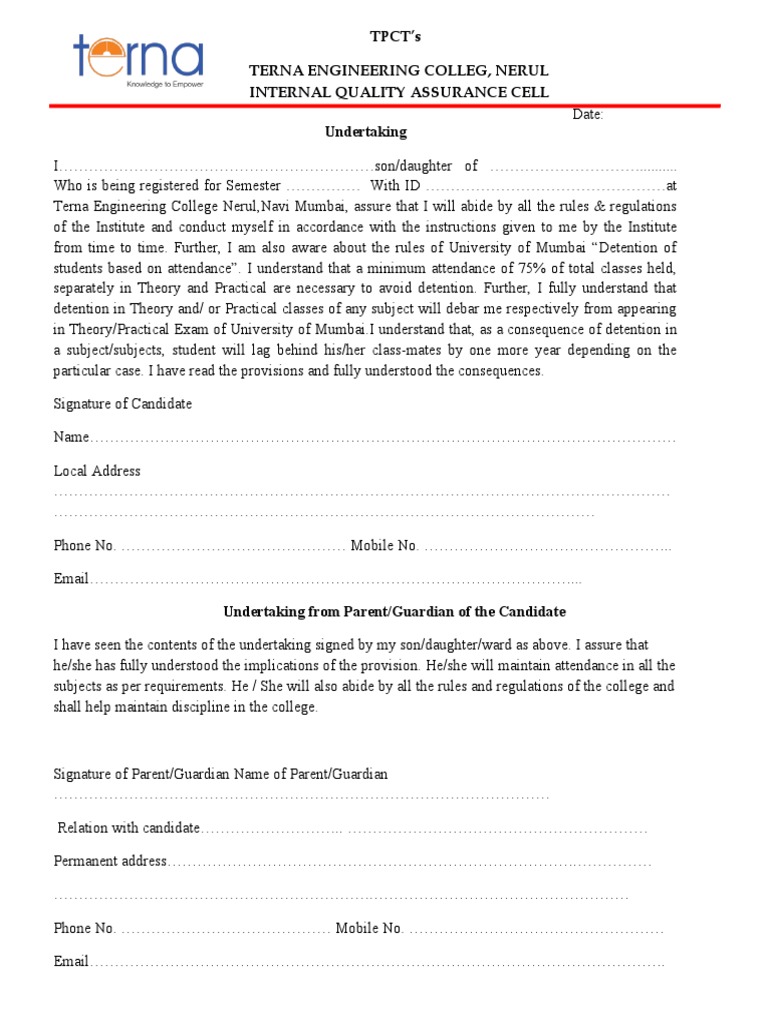 IQAC - Students Undertaking Form | PDF