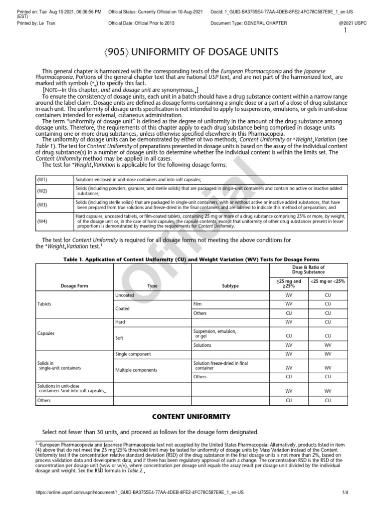 Uniformity of Dosage Units | PDF | Tablet (Pharmacy) | Dose (Biochemistry)