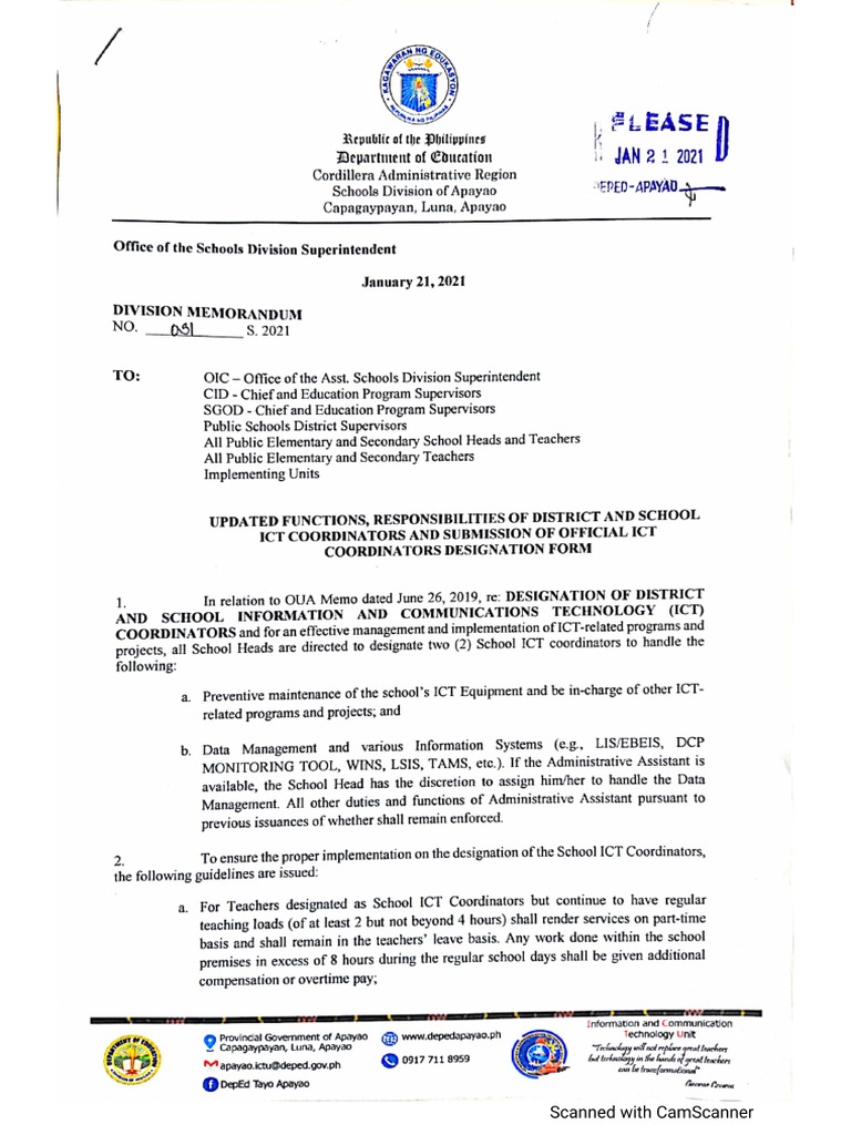 DM No. 31 s.2021 Updated Functions Responsibilities of District and School ICT Coordinators and ...