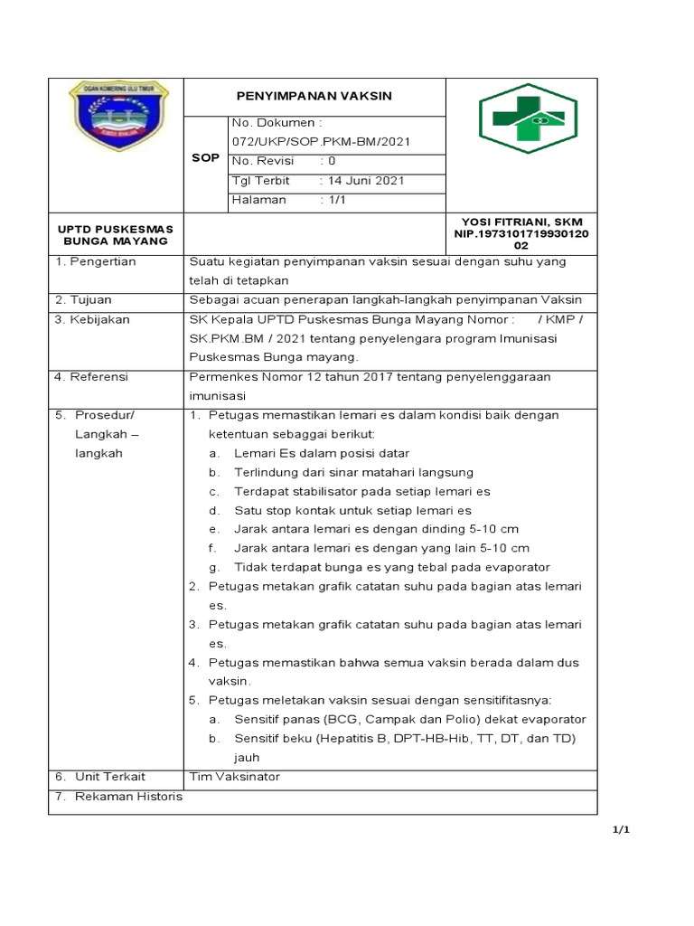 SOP Penyimpanan Vaksin | PDF