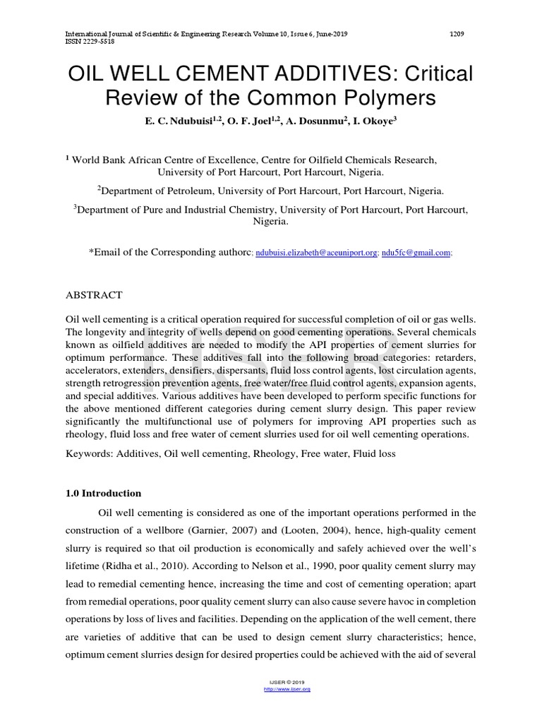 OIL WELL CEMENT ADDITIVES Critical Review of The Common Polymers | PDF ...