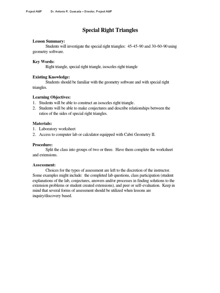 Special Right Triangles: Lesson Summary | PDF | Triangle | Baseball Field