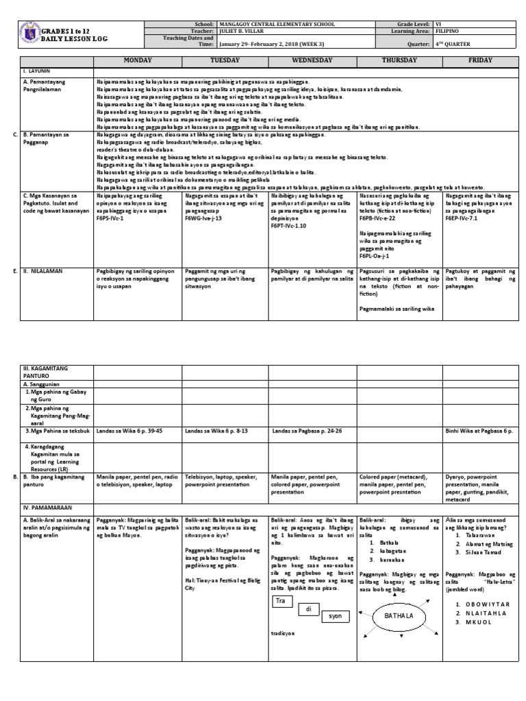 DLL - Filipino 6 - Q4 - W3 | PDF