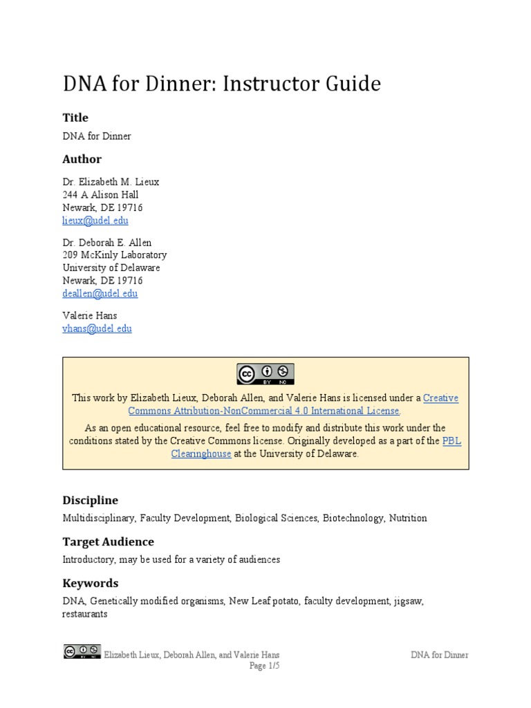 DNA For Dinner (Instructor Guide) | PDF | Biotechnology | Genetic ...