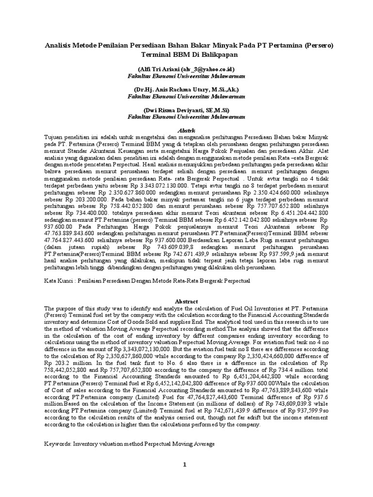 Analisis Metode Penilaian Persediaan Bahan Bakar Minyak Pada PT Pertamina Persero Terminal BBM ...