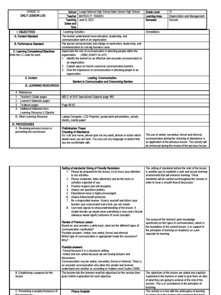 Annotated Lesson Plan on Communication | PDF | Learning | Communication