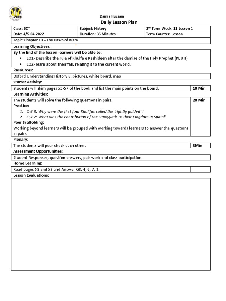 Daily Lesson Plan: Learning Objectives: by The End of The Lesson ...