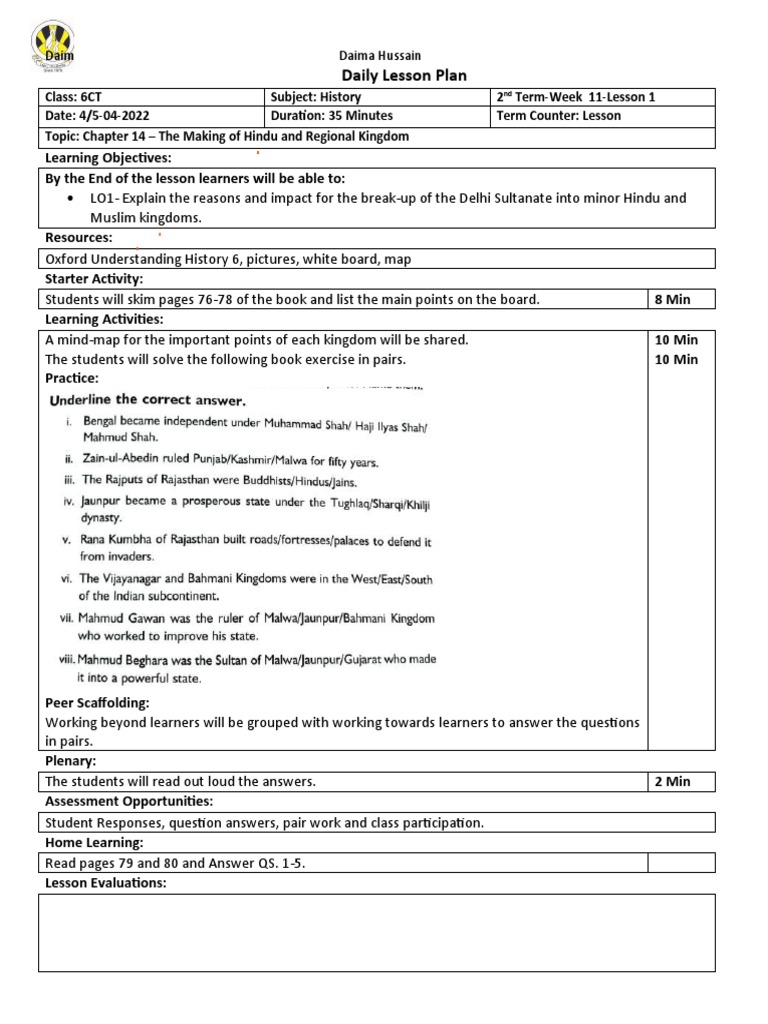 Daily Lesson Plan: Learning Objectives: by The End of The Lesson ...