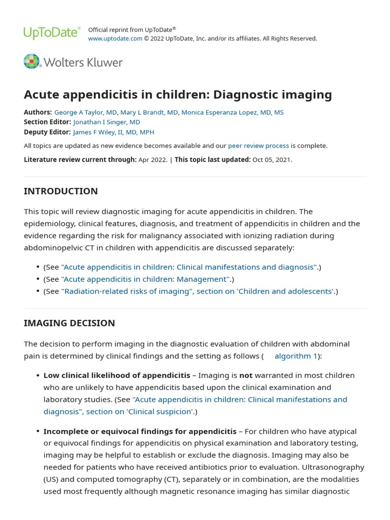 Acute Appendicitis in Children - Diagnostic Imaging - UpToDate | PDF | Ct Scan | Medical Imaging