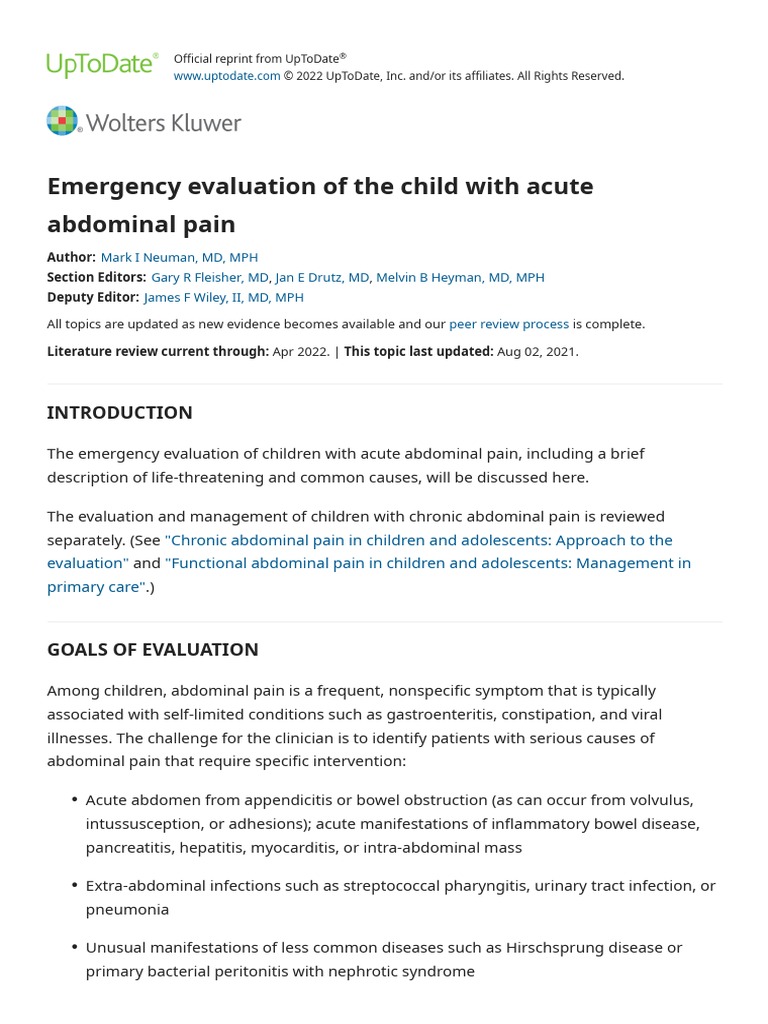 Emergency Evaluation of The Child With Acute Abdominal Pain - UpToDate ...