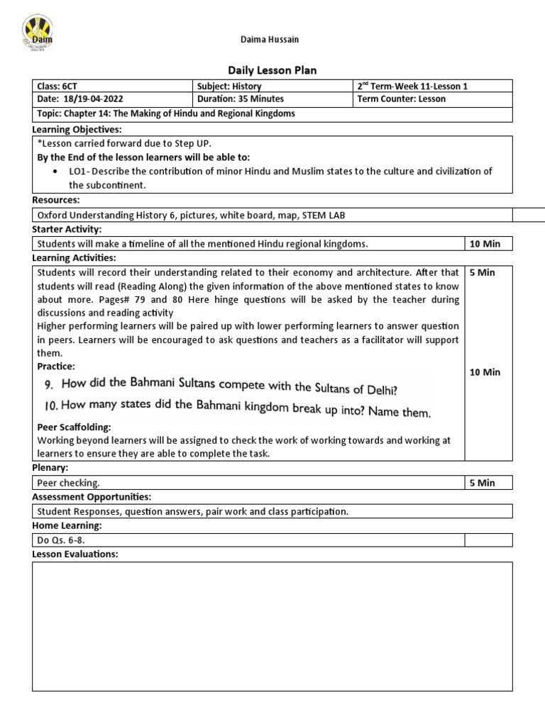 History W13 Class 6 TC | PDF | Lesson Plan | Learning