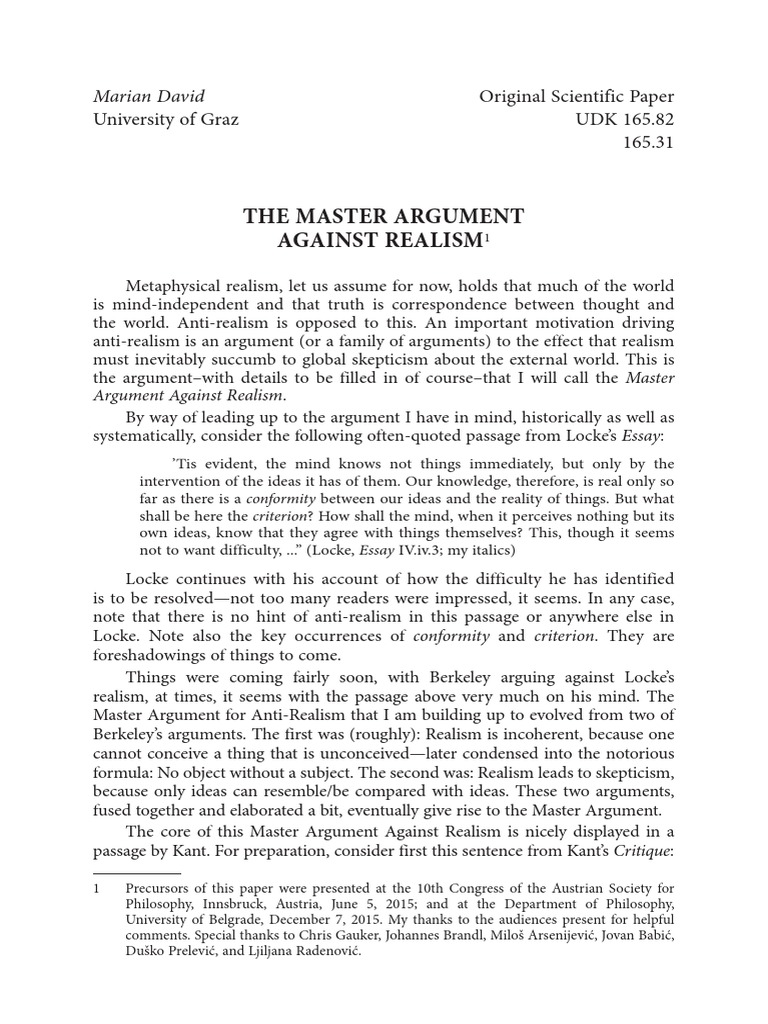 Marian David: THE MASTER ARGUMENT AGAINST REALISM | PDF | Truth | Reality
