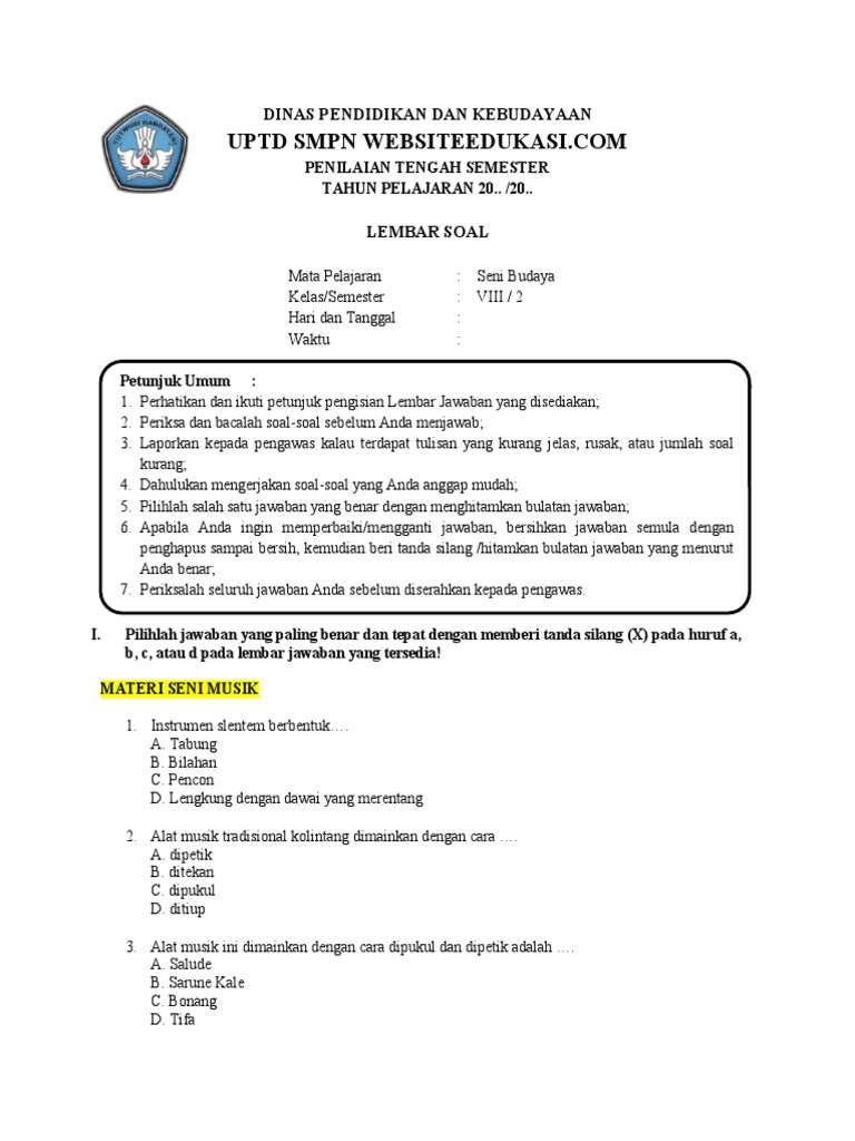 Soal PTS 2 Seni Budaya Kelas Viii K13 | PDF