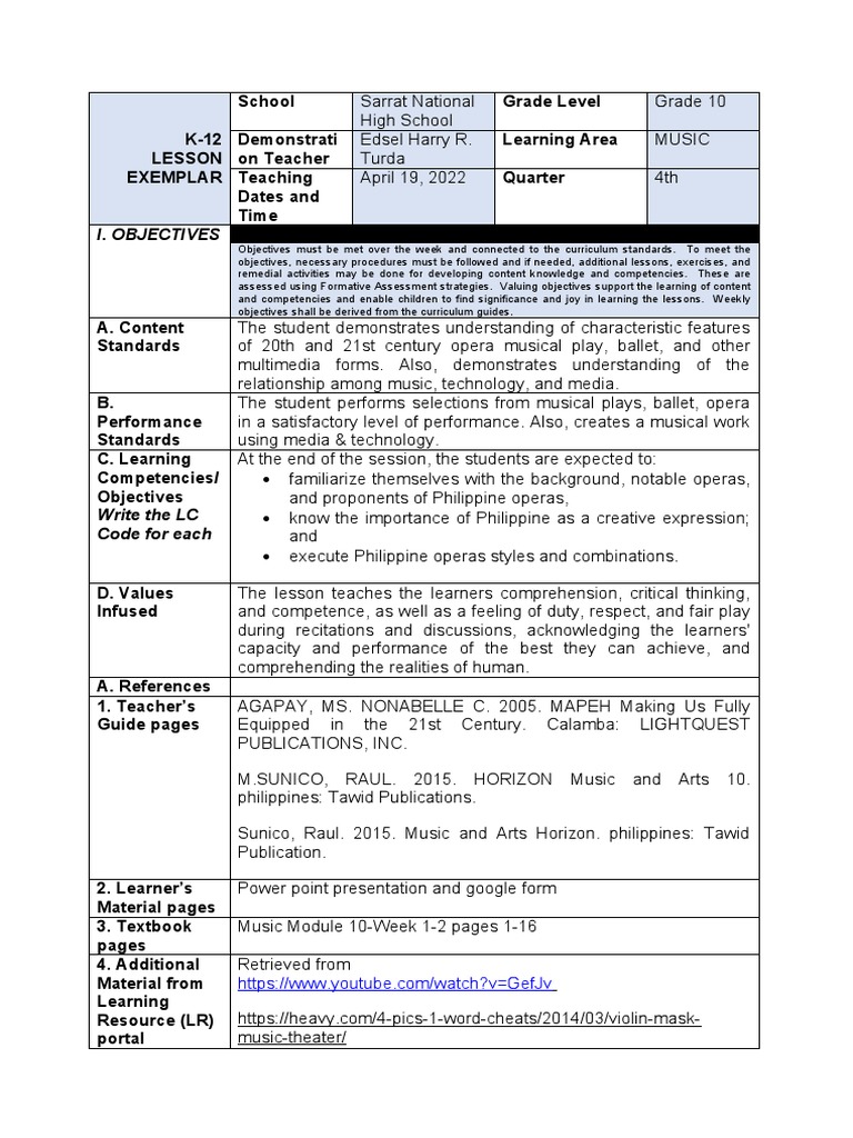 Philippine Opera Lesson Plan for Grade 10 | PDF | Learning