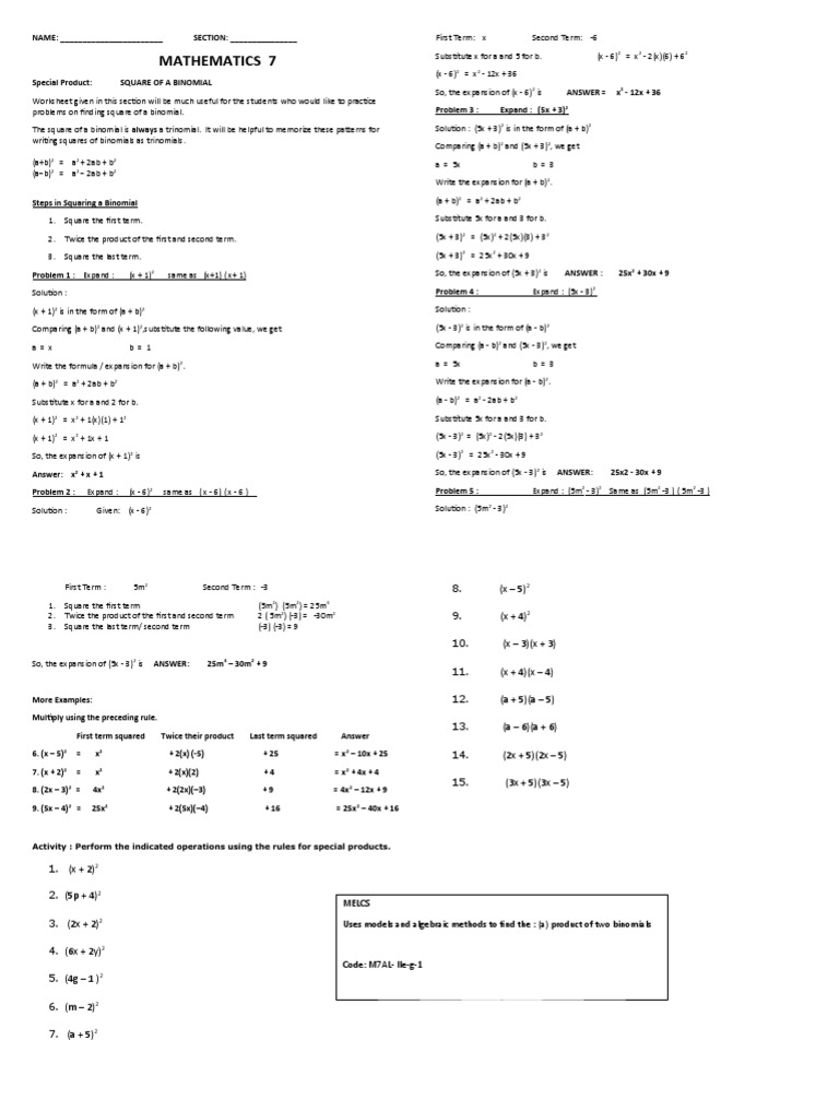 Square Of A Binomial Worksheet Pdf Mathematics Mathematical Analysis 7619