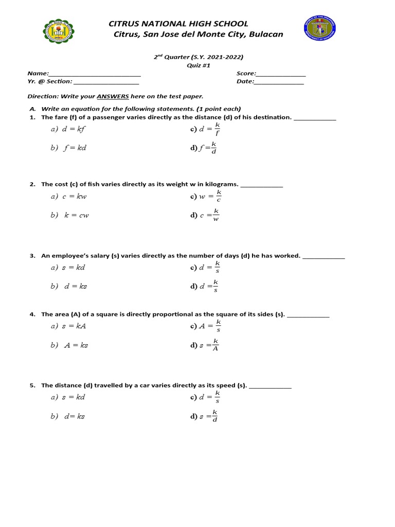 Second Grading Quiz 1 Direct Variation - Modular | PDF | Equations