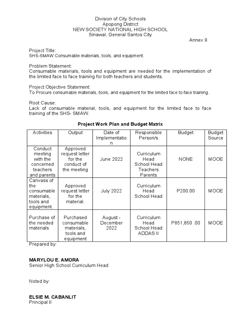 SHS-SMAW Consumable Materials, Tools, and Equipment.: Project Work Plan ...