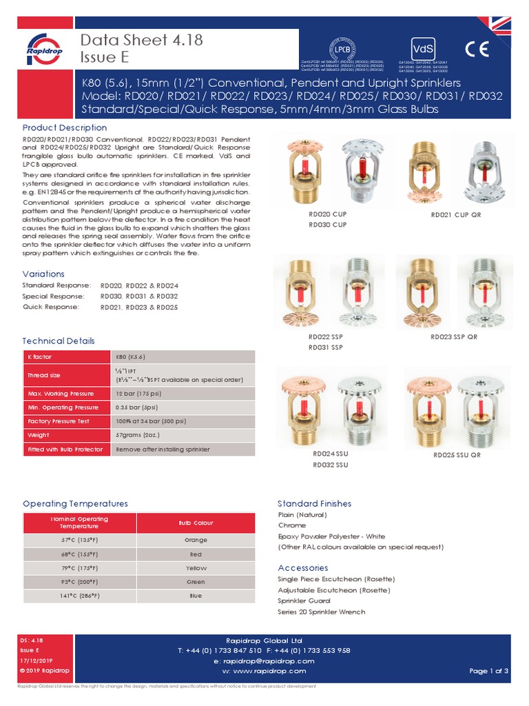 418 e en Ds 15mm 12 Cup Ssu SSP Sprinklers Vds LPCB Ce | PDF | Fire ...