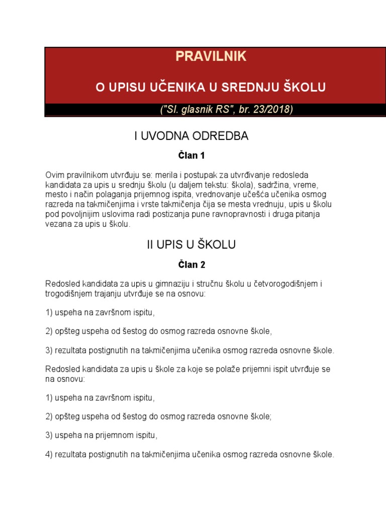 Pravilnik o Upisu Ucenika U Srednju Skolu | PDF