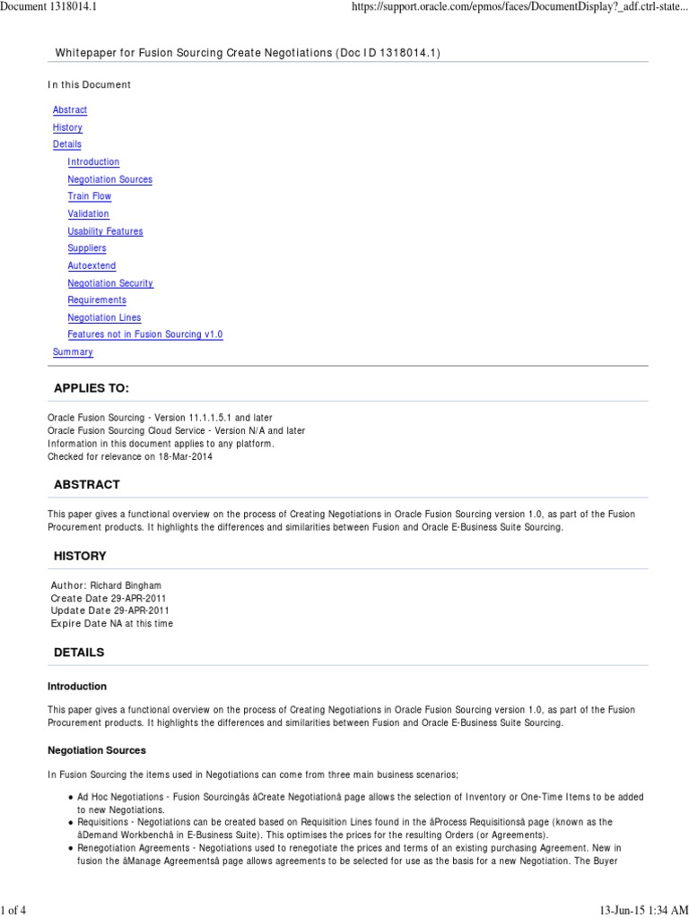 Oracle Fusion Sourcing Negotiation Guide | PDF | Procurement ...