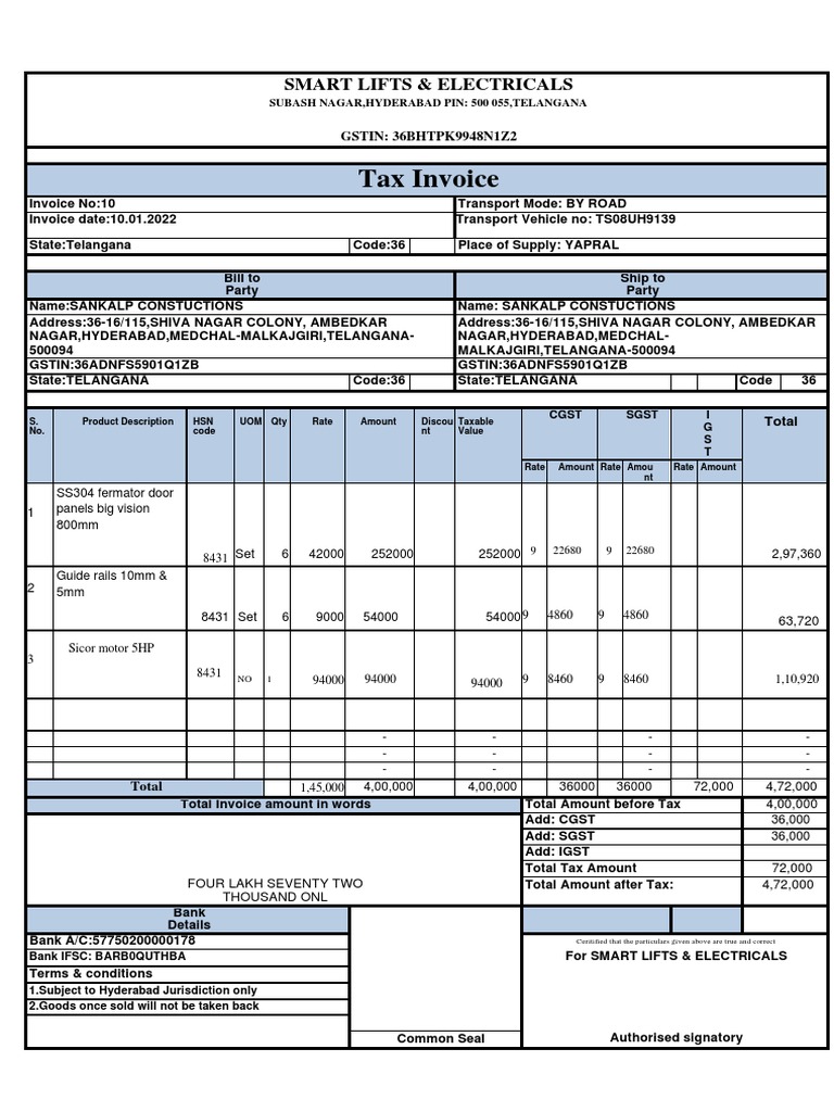 Tax Invoice: Smart Lifts & Electricals | PDF | Economies | Public Finance