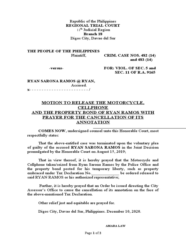 Motion to Release Property and Cancel Annotation | PDF | Common Law ...