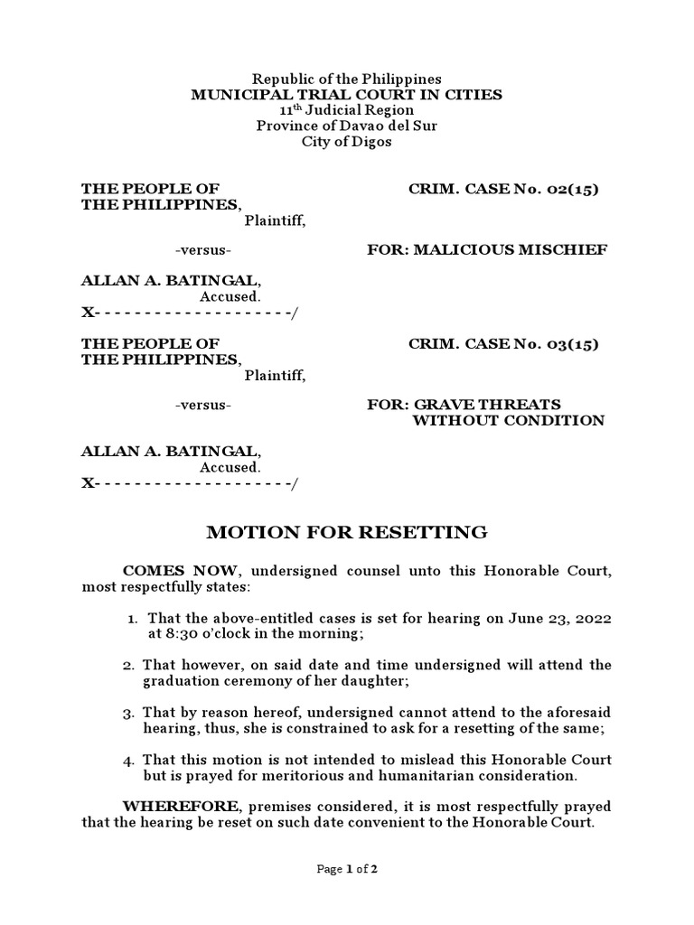 Motion For Postponement (Batingal) 2022 | PDF | Government Institutions ...