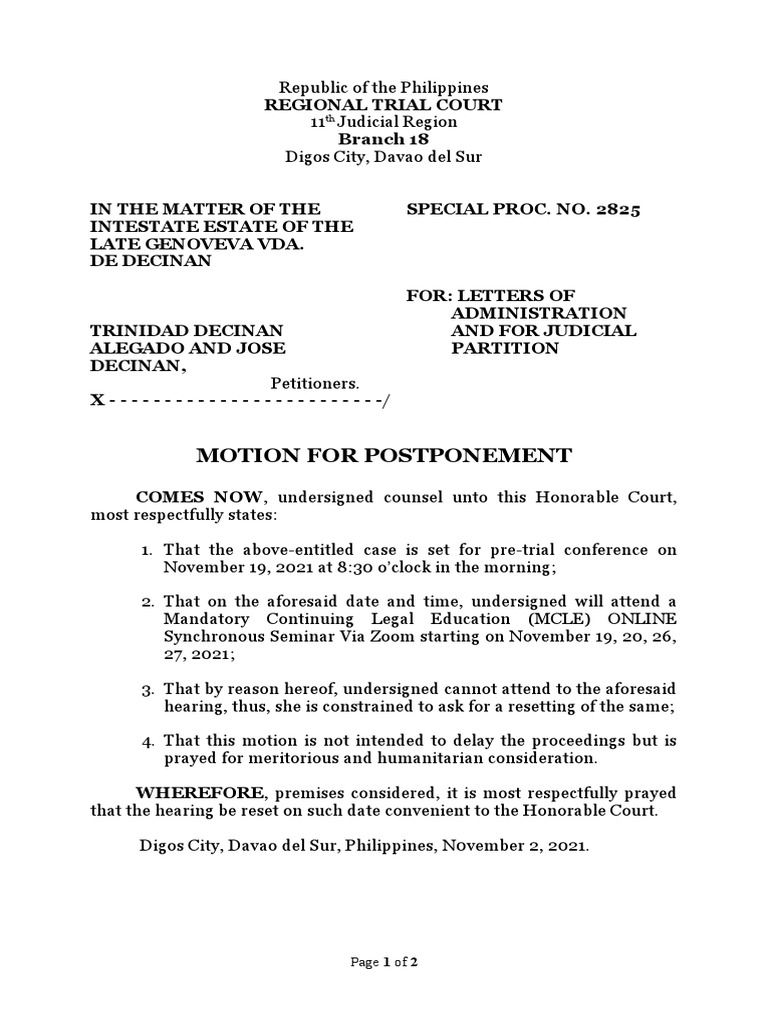 Motion For Postponement (Galeos) 2021 | PDF | Separation Of Powers ...