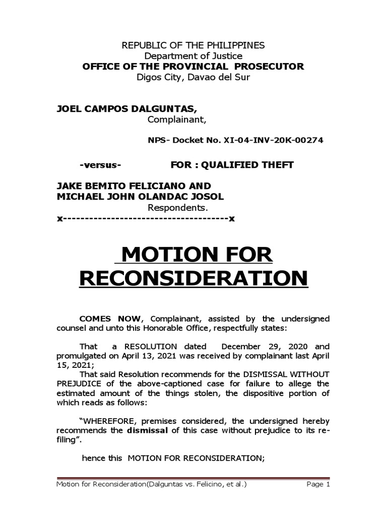 MOTION For Reconsideration - Lapanday | Download Free PDF | Common Law | Public Law
