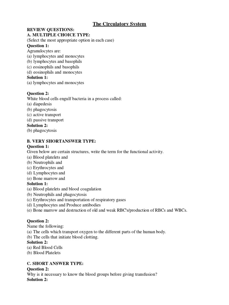 The Circulatory System: Review Questions: A. Multiple Choice Type | PDF ...